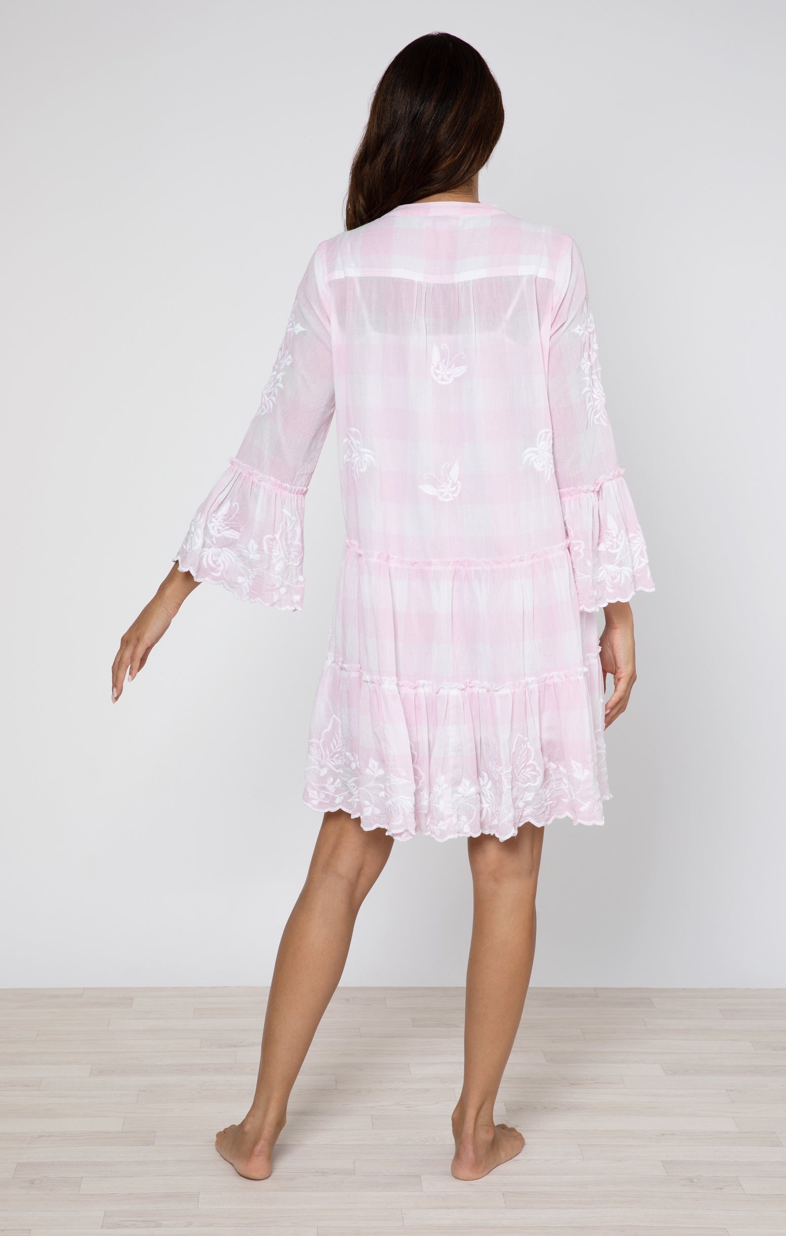 Pink Gingham Flared Sleeve Dress With Embroidery → Juliet Dunn London